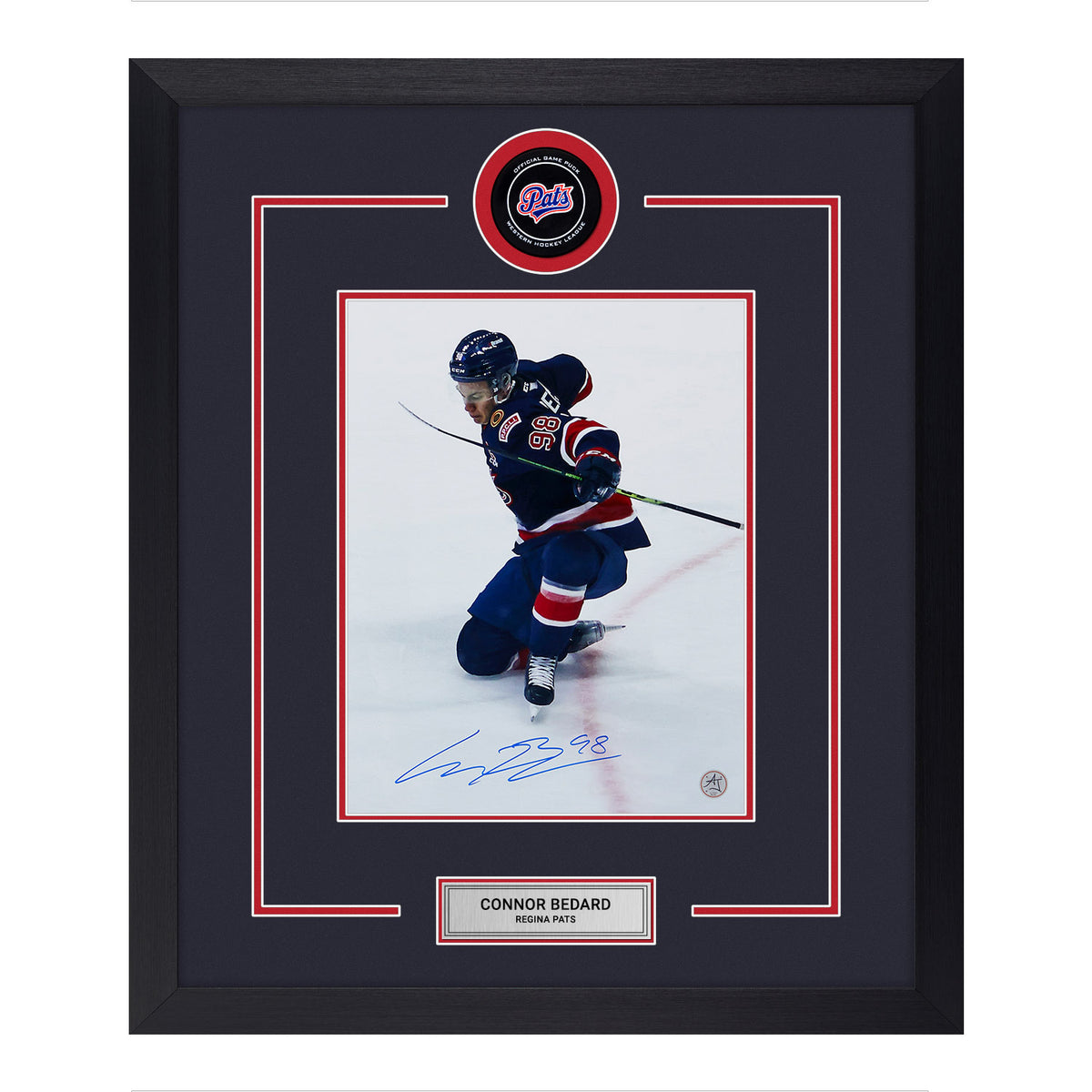 AJ Sports | Connor Bedard Autographed Regina Pats Puck Logo 23x27 Frame