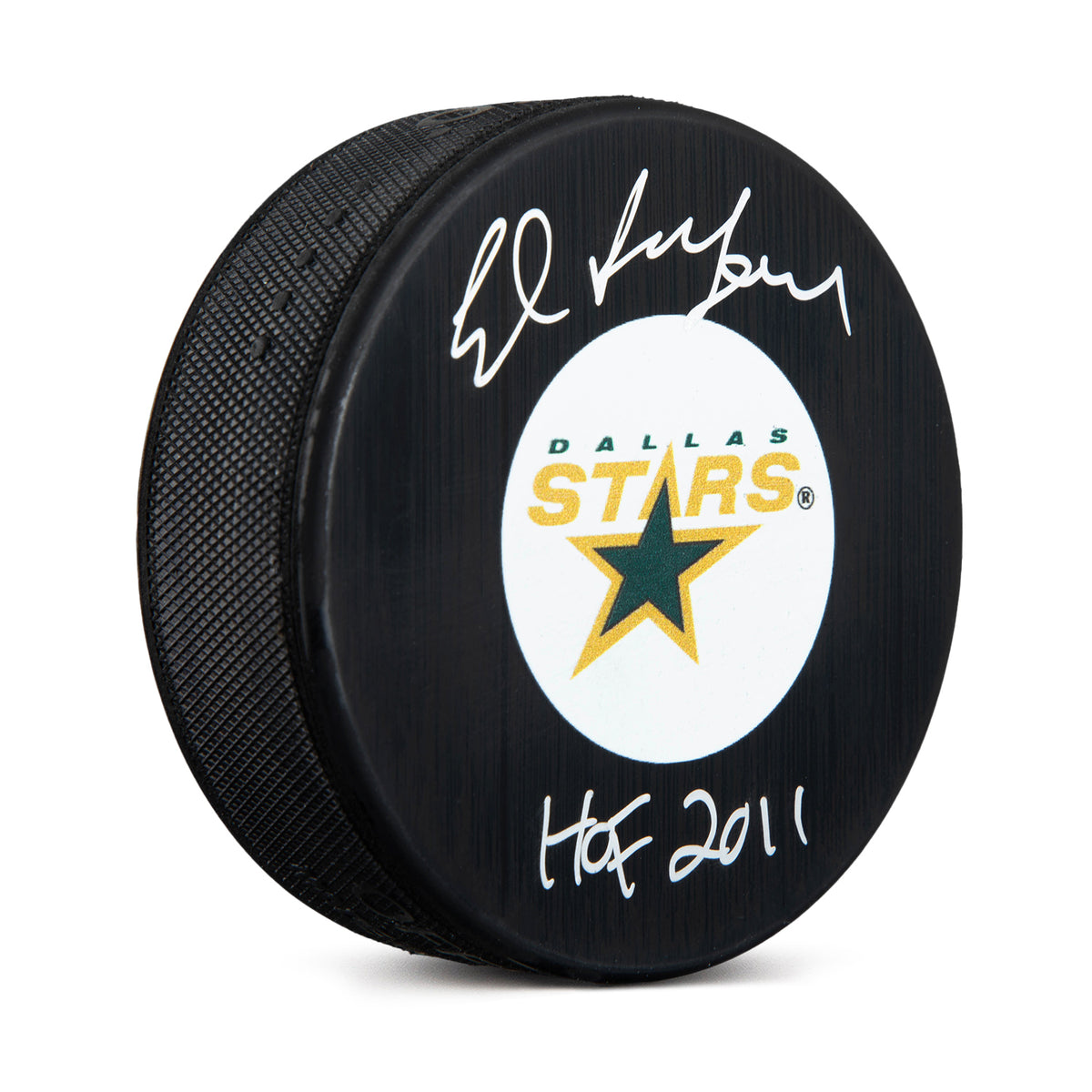 AJ Sports | Ed Belfour Signed Dallas Stars Retro Logo Puck with HOF Note