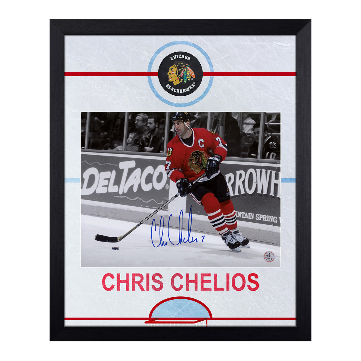 AJ Sports | Chris Chelios Signed Chicago Blackhawks Graphic Rink 19x23 ...