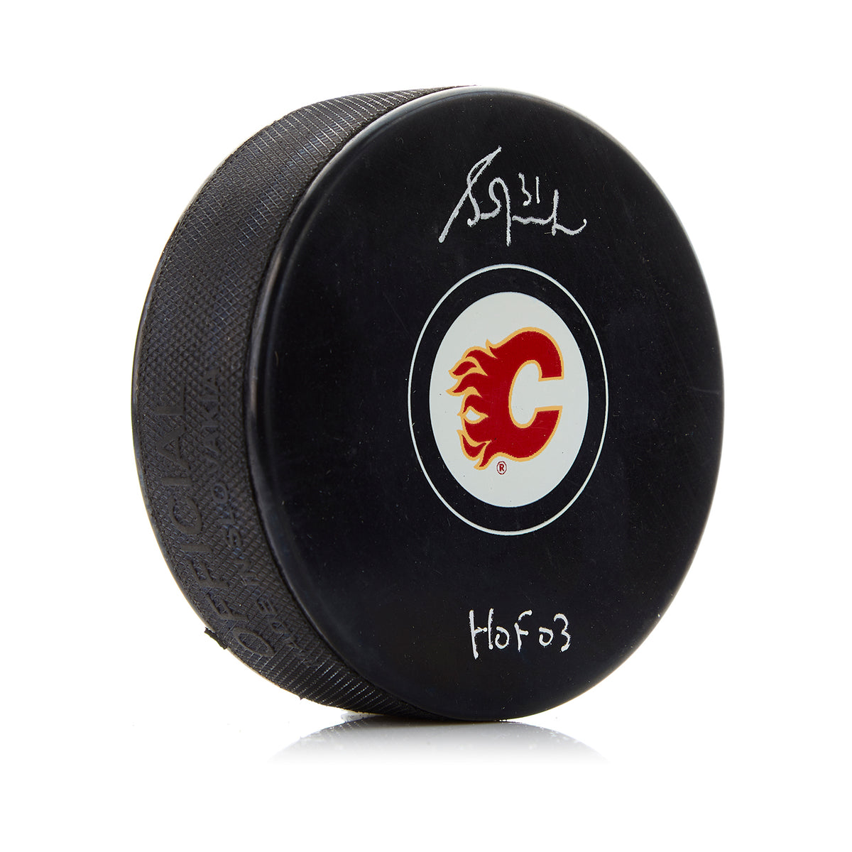 AJ Sports | Grant Fuhr Signed Calgary Flames Hockey Puck with HOF Note