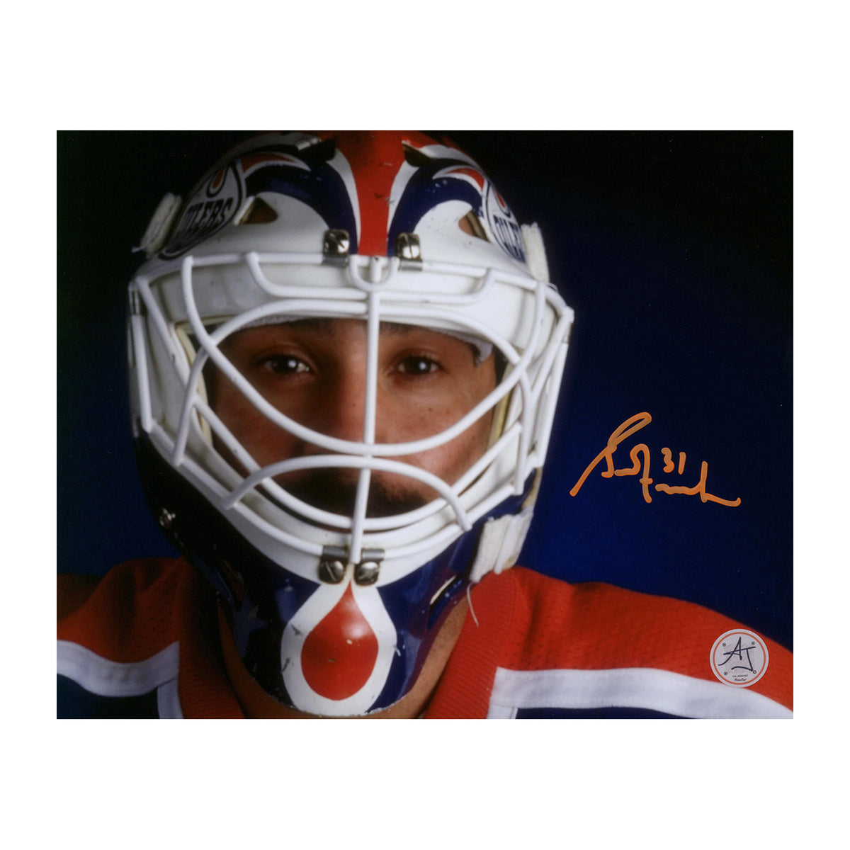 AJ Sports | Grant Fuhr Signed Edmonton Oilers Mask Close-Up 8x10 photo