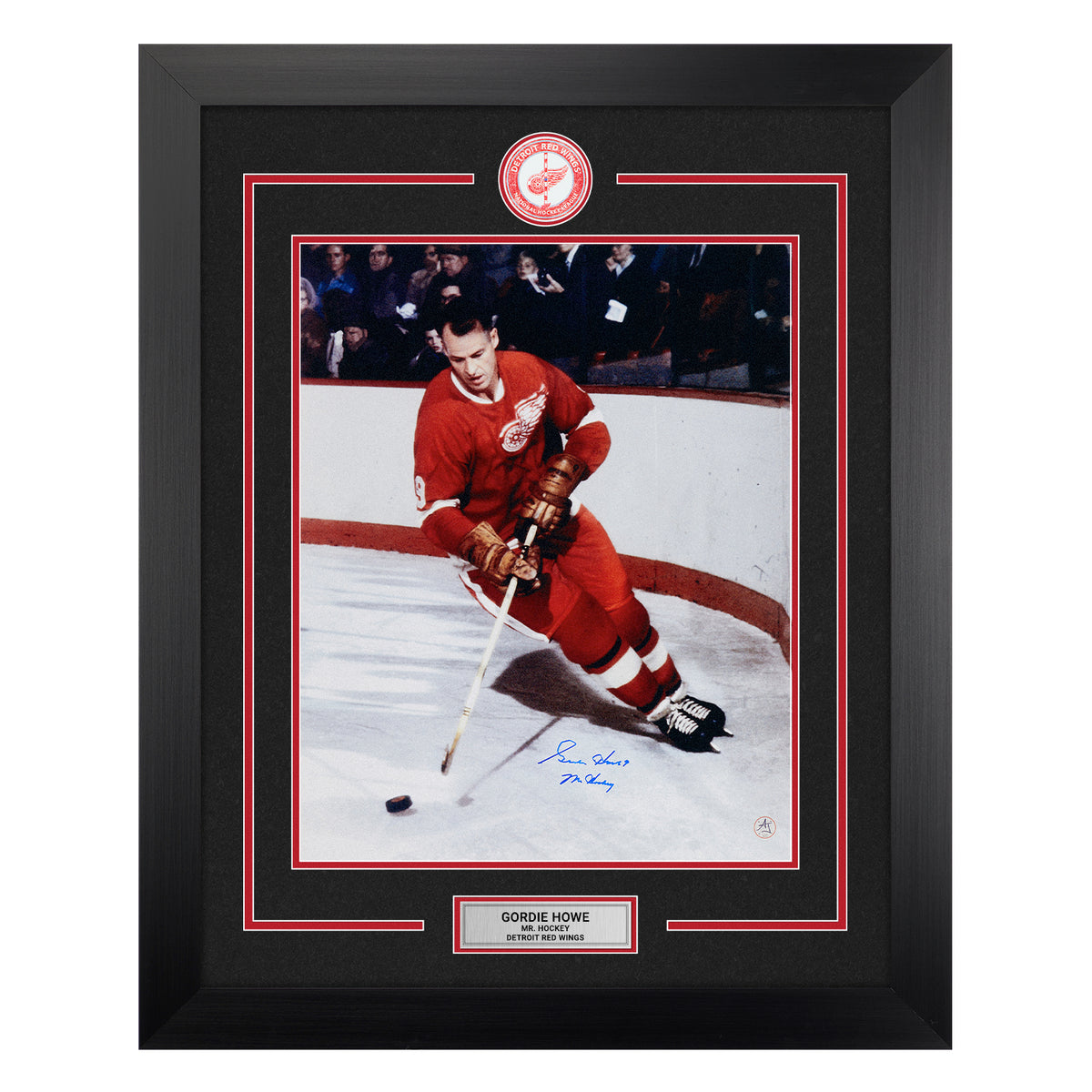 AJ Sports | Gordie Howe Autographed Detroit Red Wings Centre Ice Logo ...