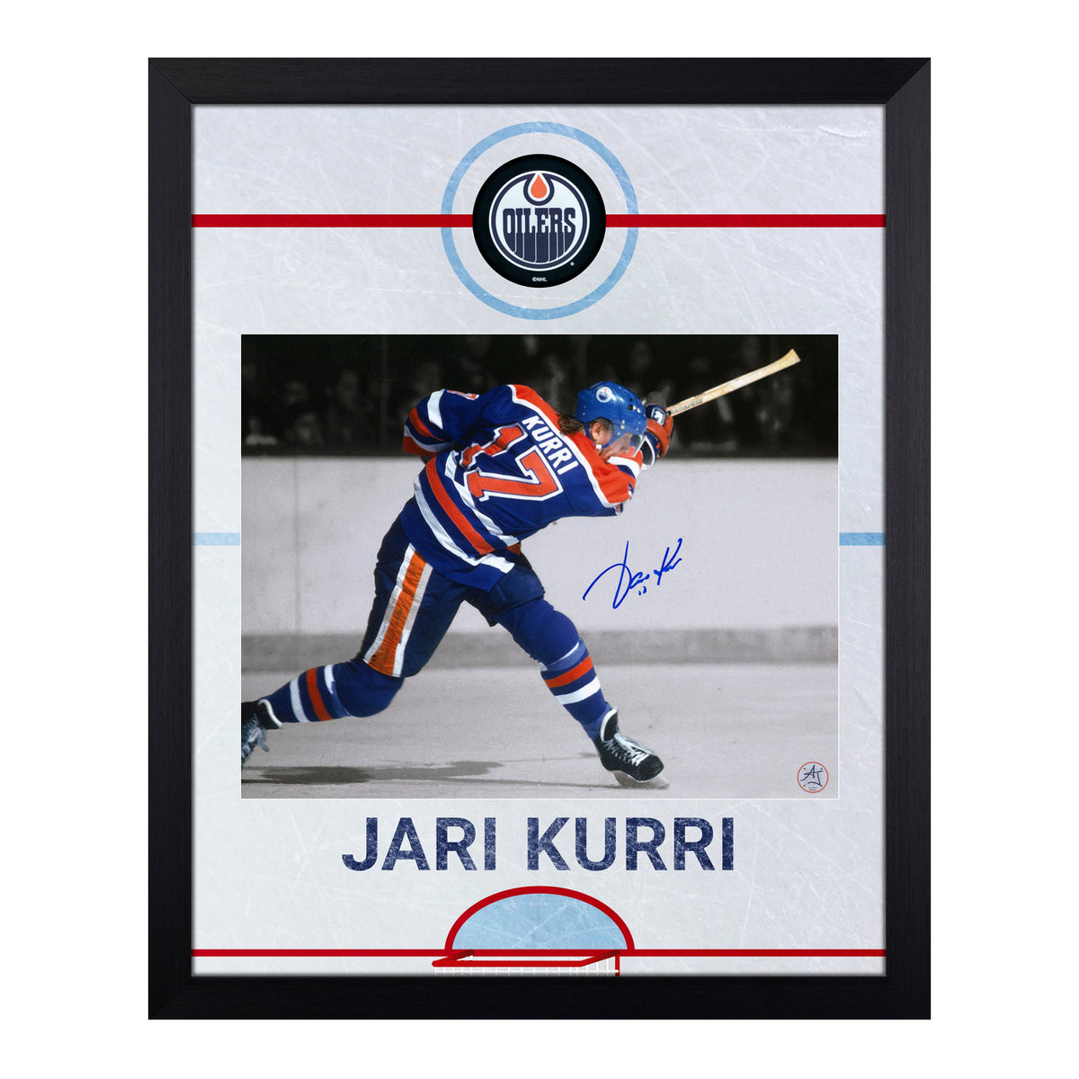 AJ Sports | Jari Kurri Autographed Edmonton Oilers Graphic Rink 19x23 Frame