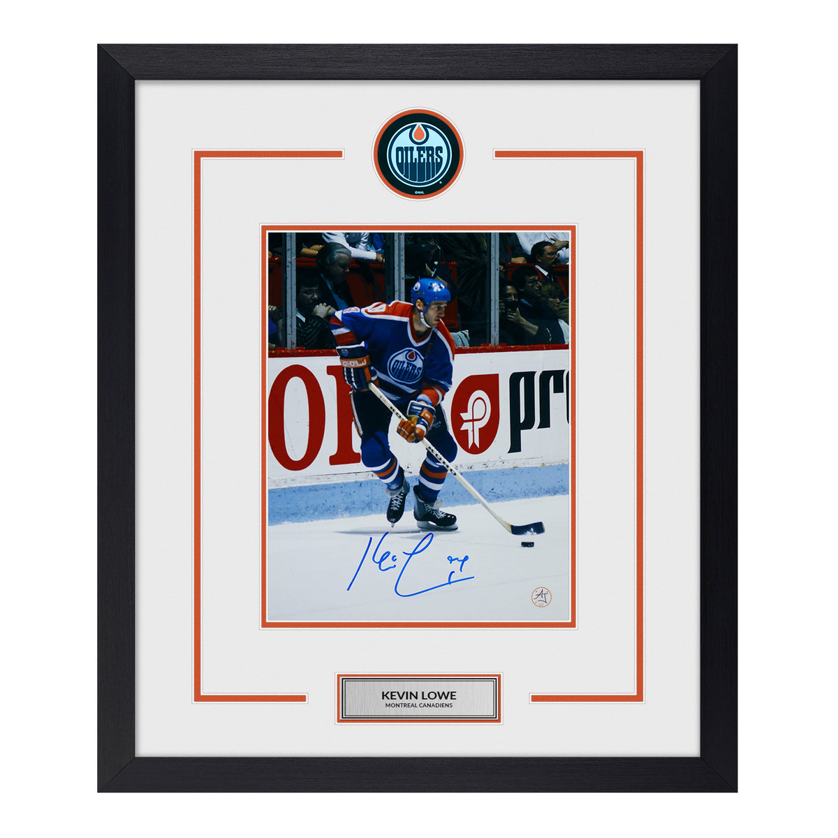 AJ Sports | Kevin Lowe Signed Edmonton Oilers Puck Logo 23x27 Frame