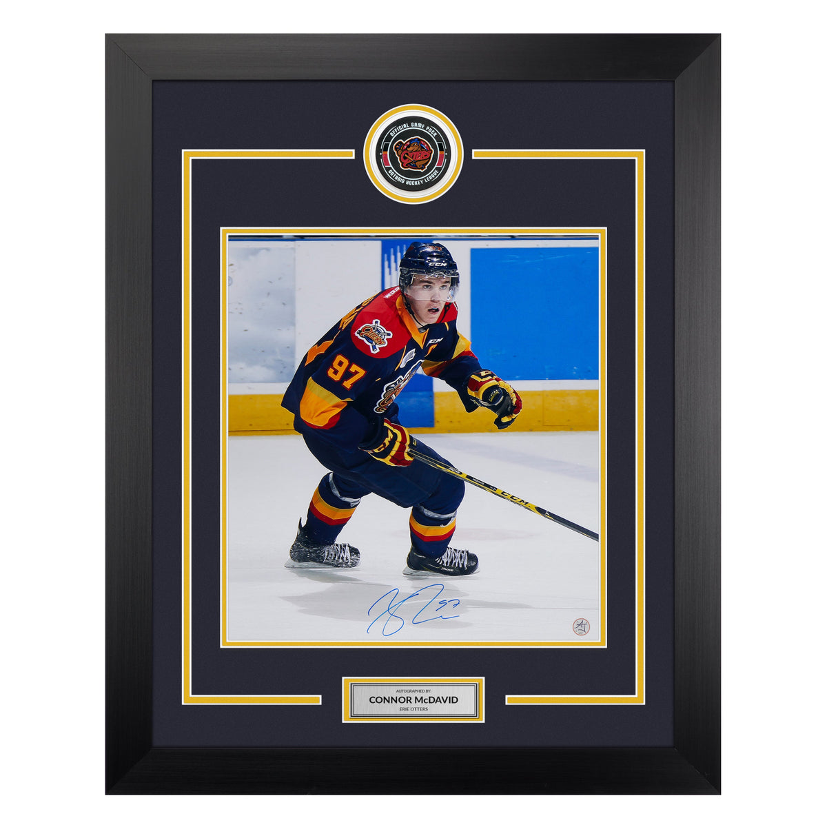AJ Sports | Connor McDavid Autographed Erie Otters Puck Logo 26x32 Frame