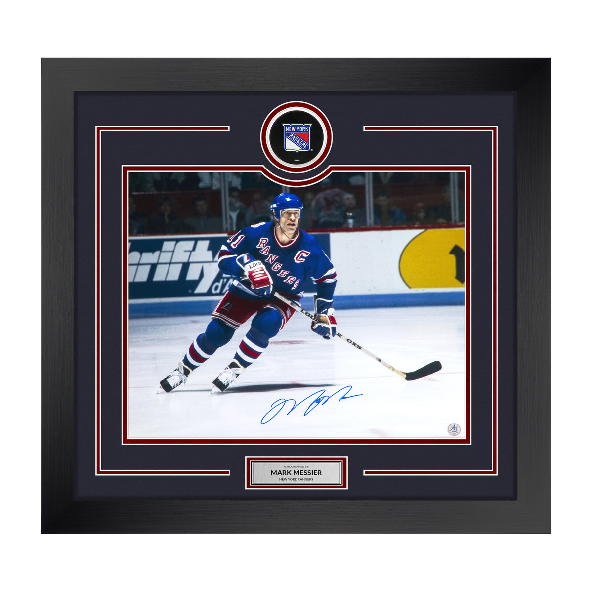 AJ Sports | Mark Messier Autographed New York Rangers Puck Logo 28x30 Frame