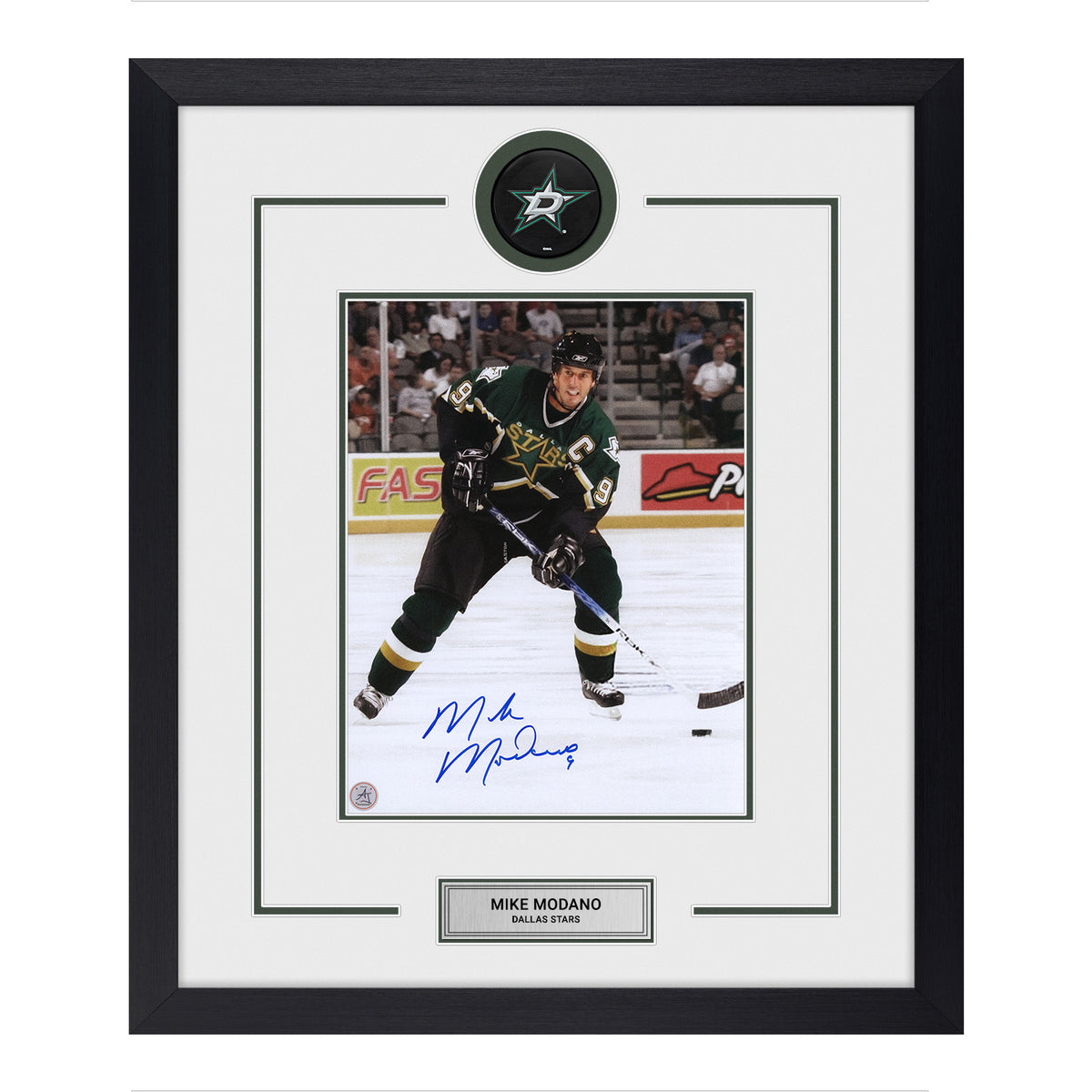 AJ Sports | Mike Modano Signed Dallas Stars Puck Logo 22x26 Frame