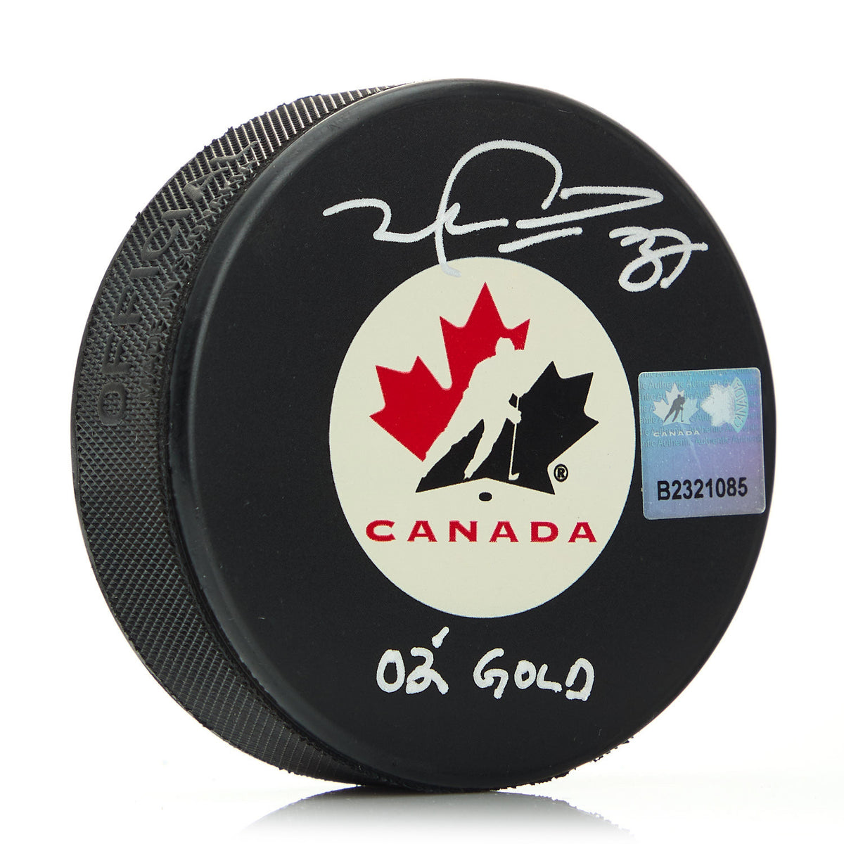AJ Sports | Mike Peca Team Canada Signed 02 Gold Note Olympic Hockey Puck
