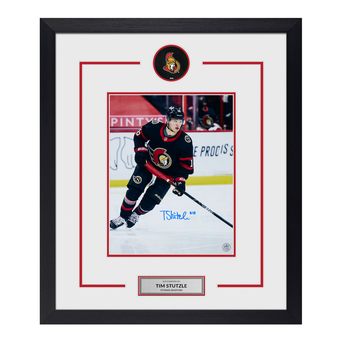 AJ Sports | Tim Stutzle Autographed Ottawa Senators Puck Logo 23x27 Frame