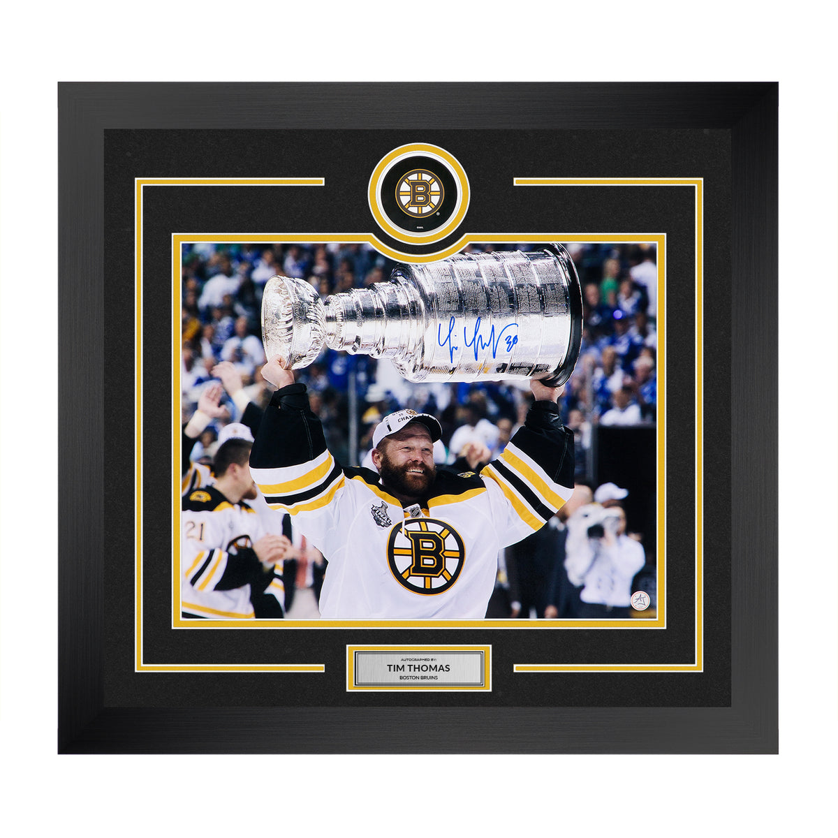 AJ Sports | Tim Thomas Signed Boston Bruins Stanley Cup Puck Logo 28x30 ...