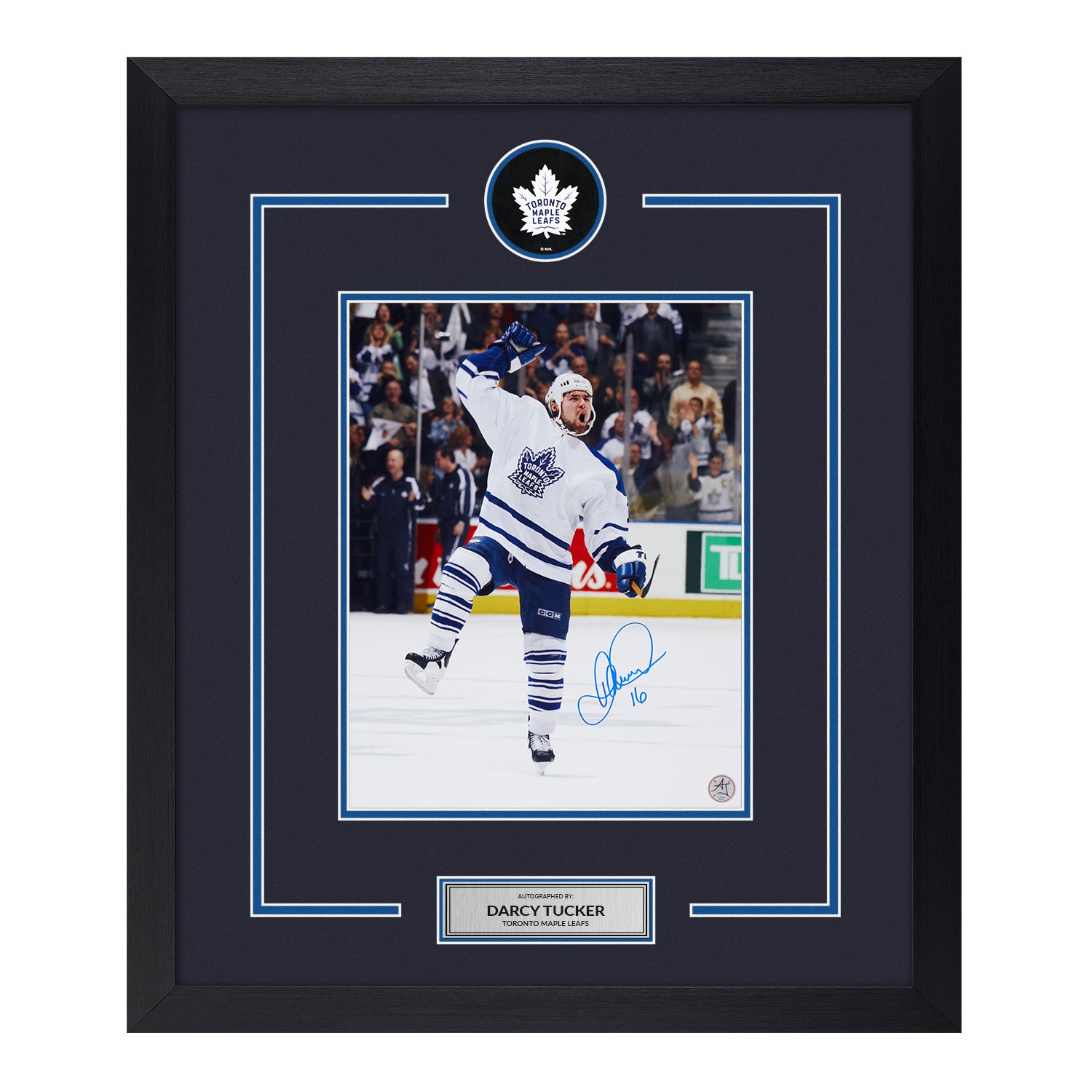 AJ Sports | Darcy Tucker Signed Toronto Maple Leafs Puck Logo 23x27 Frame