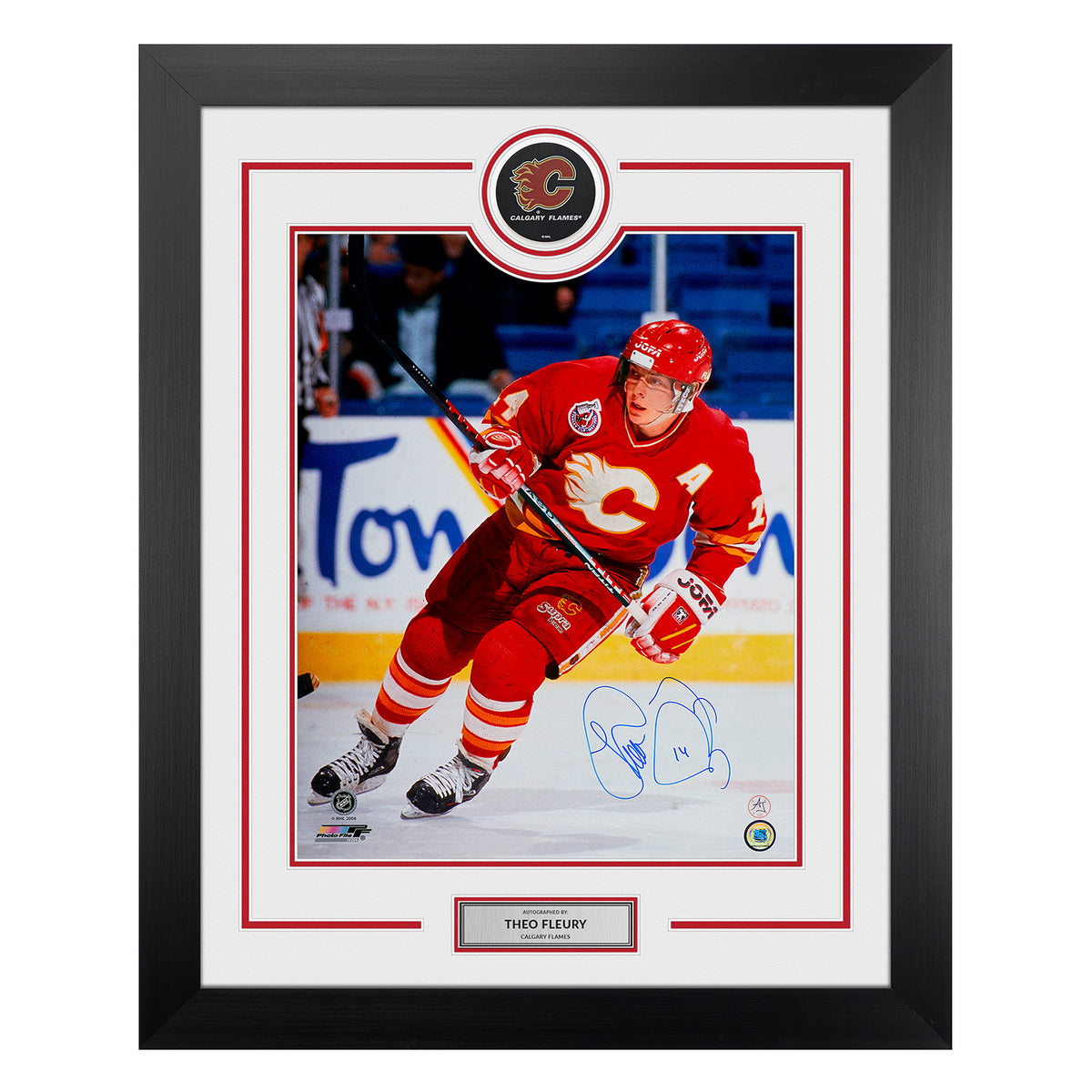 AJ Sports | Theo Fleury Signed Calgary Flames Puck Logo 26x32 Frame