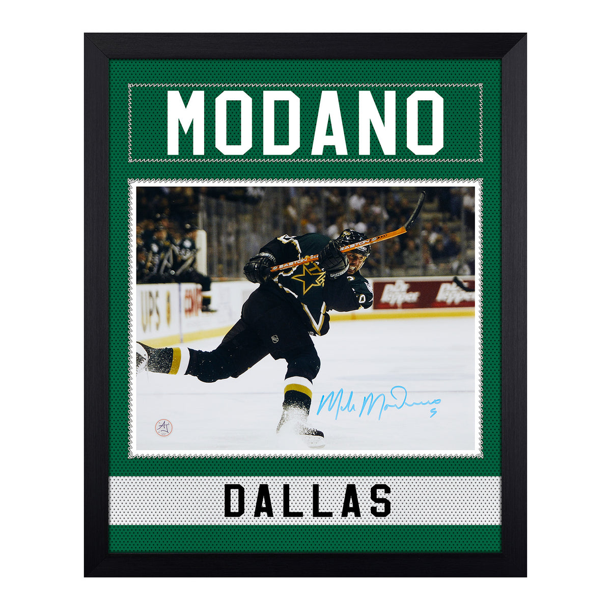 AJ Sports | Mike Modano Signed Dallas Stars Uniform Graphic 19x23 Frame