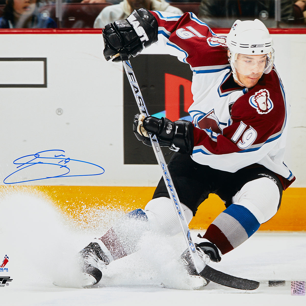 AJ Sports | Joe Sakic Signed Colorado Avalanche Ice Spray 16x20 Photo
