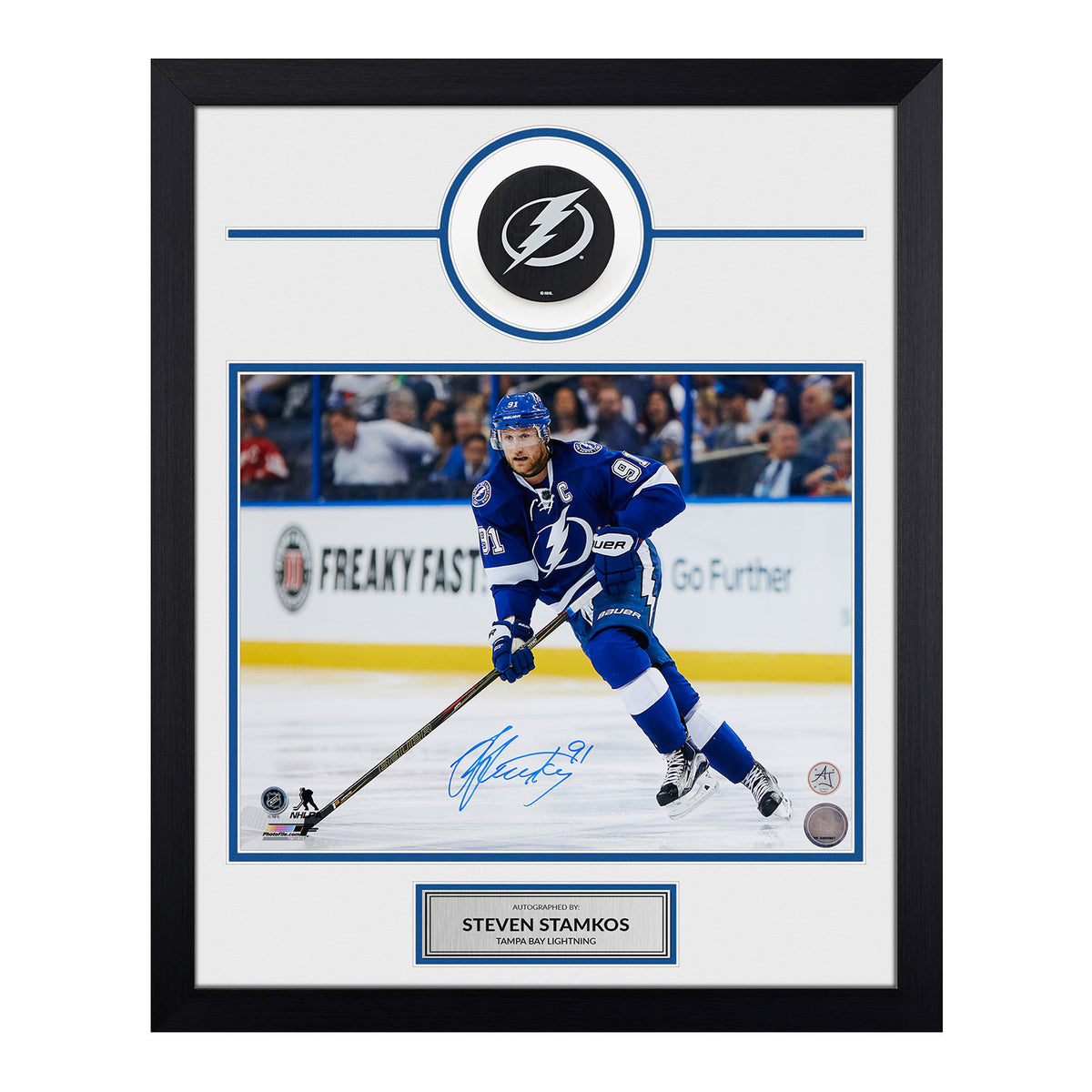AJ Sports | Steven Stamkos Signed Tampa Bay Lightning Puck Logo 19x23 Frame